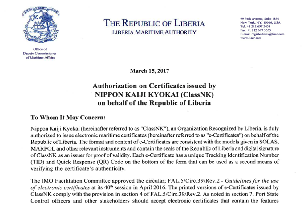 Liberia authorizes ClassNK e-Certificate | HANSA Online